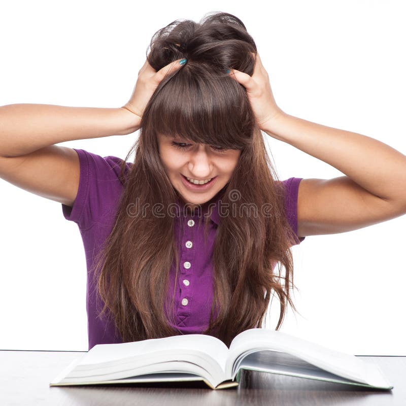 Girl Having Stress from Reading Stock Photo - Image of blouse, isolated ...