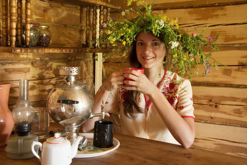 Girl having tea stock photo. Image of chaplet, flowers - 16901996