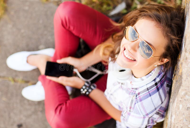 Fashion Pretty Sweet Carefree Girl Listening To Music In Headphones