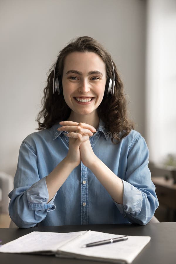 Girl in Headphones Pose for Camera during Educational E-learning ...