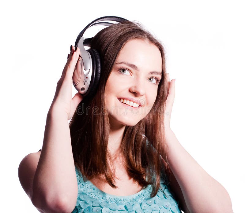 Girl with Headphones Singing on White Background Stock Photo - Image of ...