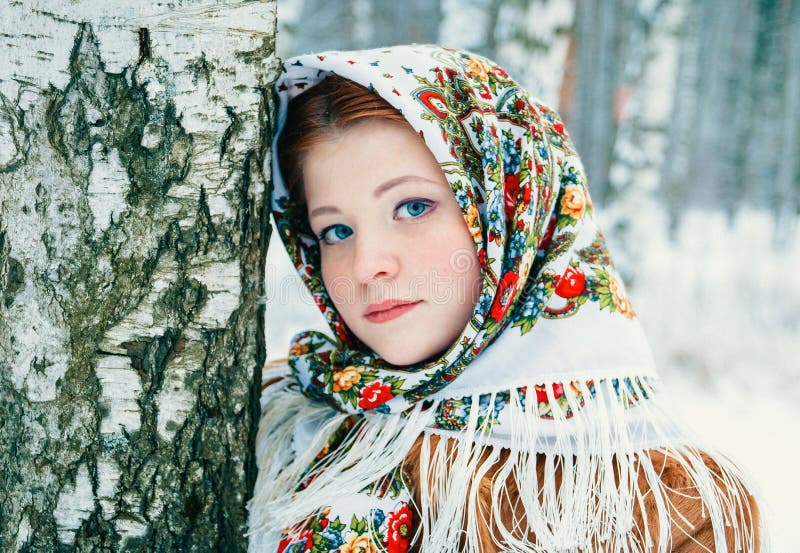 Girl in a Headscarf at the Birches. Stock Photo - Image of fairy ...