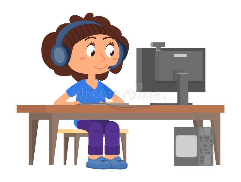 Girl in Headset Sitting at Desk. Cartoon Character Working on Computer ...