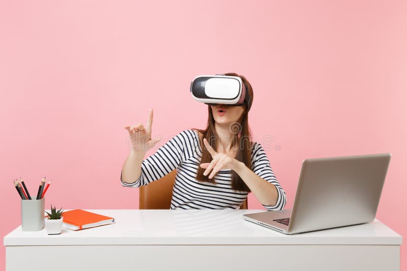 Girl in Headset of Virtual Reality on Head Touch Something Like Push on ...