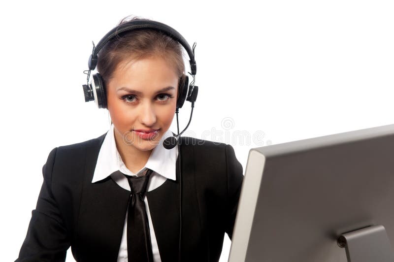 Girl with a Headset Works at the Computer Stock Image - Image of happy ...