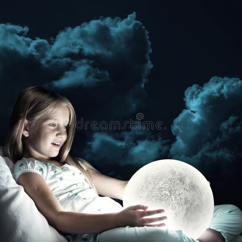 Girl in Her Bed and Moon Planet Stock Photo - Image of childhood ...