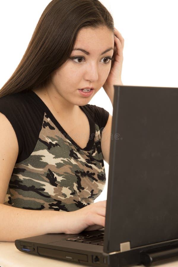 Girl with Her Hand To Her Head while Using the Computer Stock Photo ...