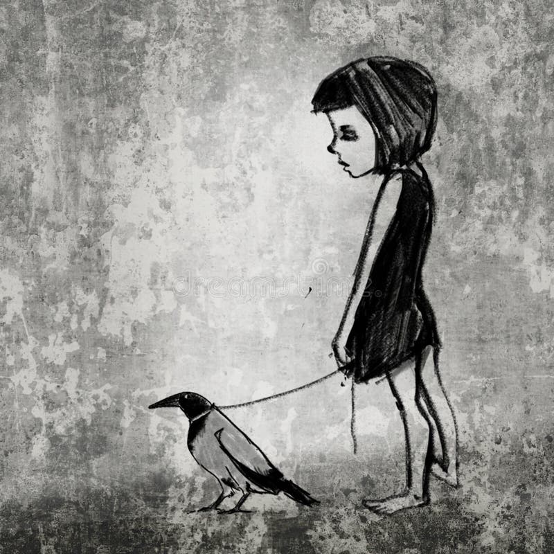 Girl with her raven. stock illustration. Illustration of gray - 58165418
