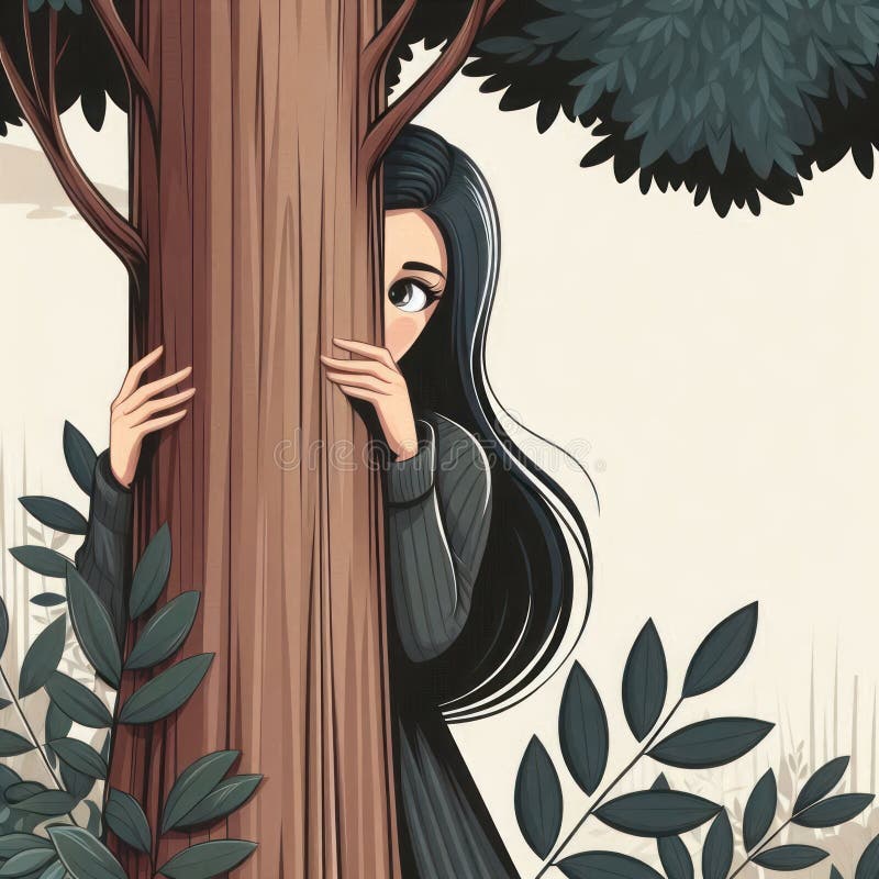 The Girl Hides Behind a Tree Trunk Against the Background of Greenery ...