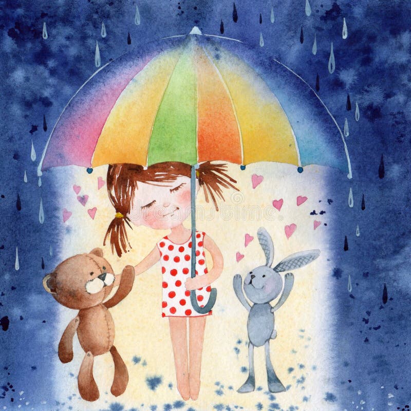 The Girl Hides Her Toys Under An Umbrella In Rainy Weather Watercolor