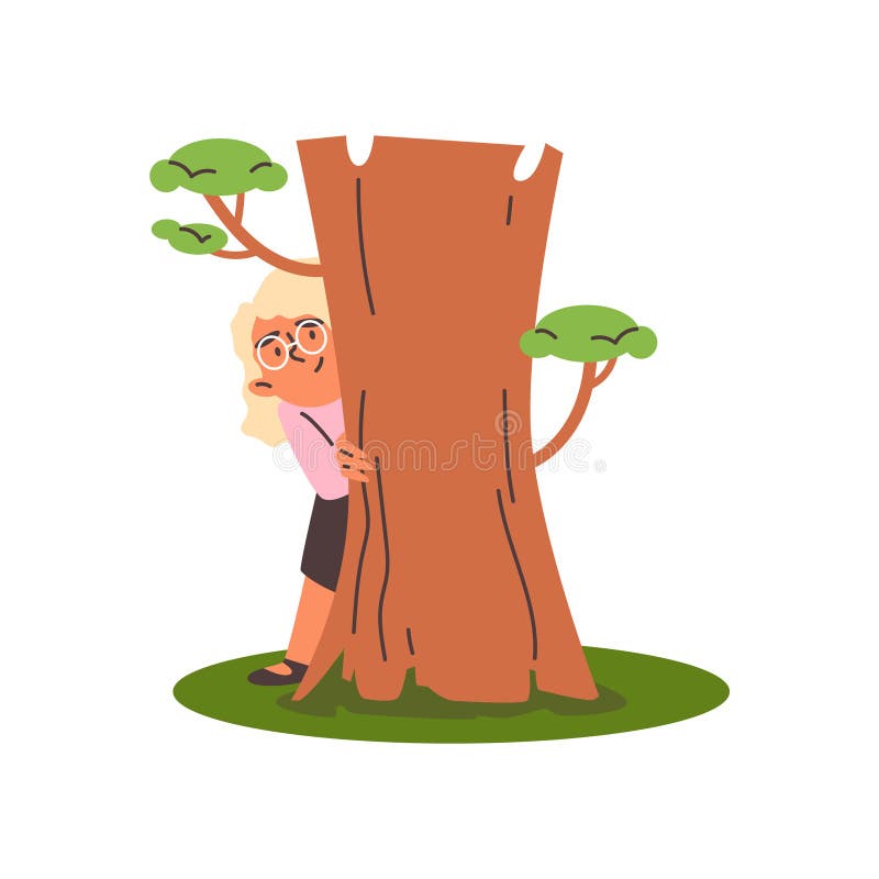 Girl Hiding Behind A Tree During Game Cartoon Flat Vector Illustration Isolated Stock Vector