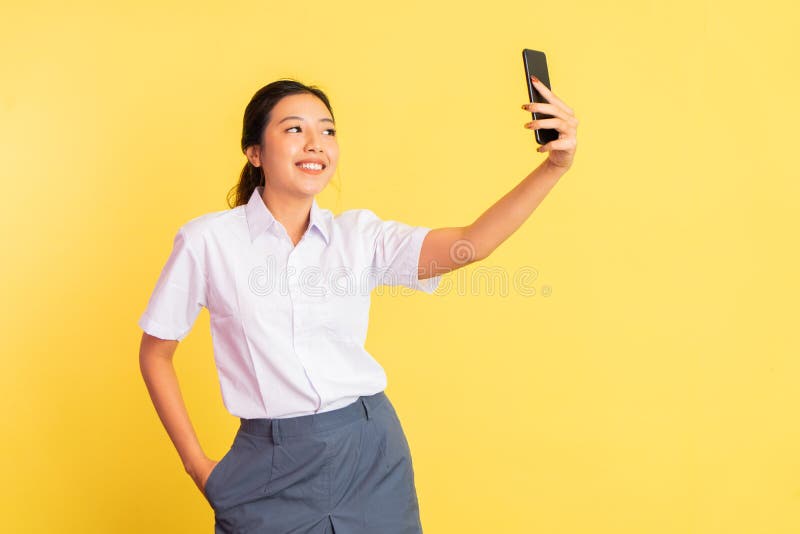 Girl in High School Uniform Selfie Using Handphone Camera Stock Photo ...