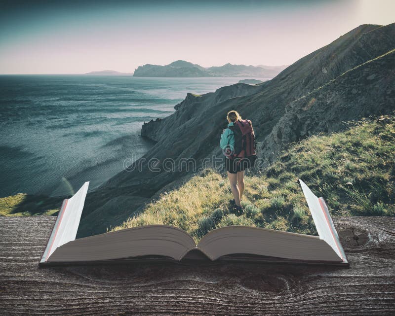 Girl Hiker with Backpack on the Pages of an Open Book Stock Photo ...