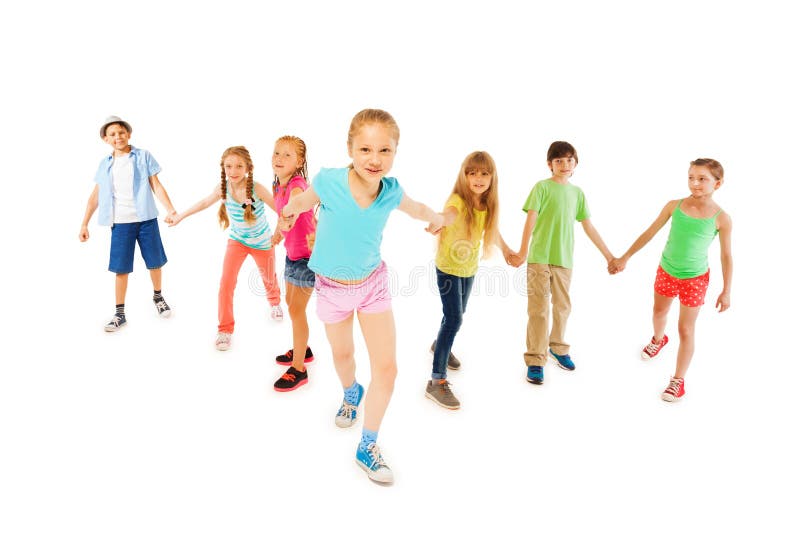 Girl Hold Hands with Many Friends and Pull Forward Stock Image - Image ...