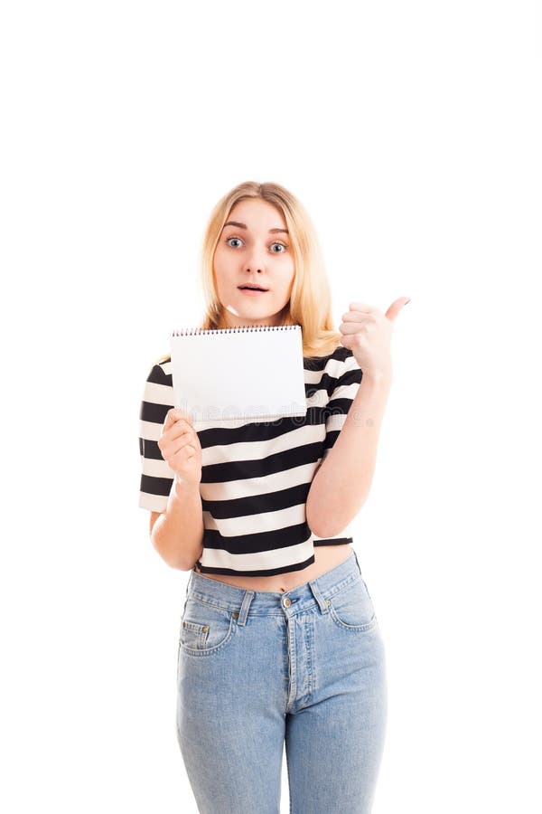 Girl Hold Notepad with Wonder Face Isolated Stock Image - Image of ...