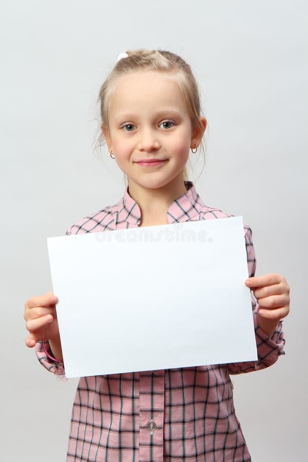 Pretty Young Girl Showing Empty Blank Paper Sign for Text. Cute Stock ...