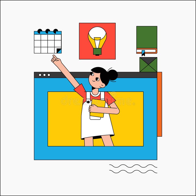 Girl Holding a Book and Pointing at a Calendar in Flat Vector ...