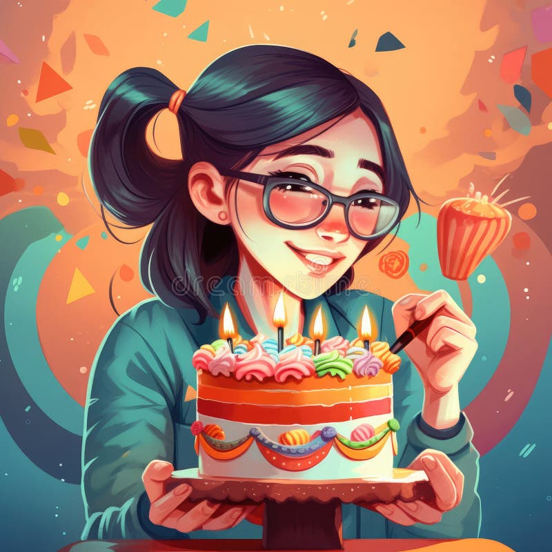 A Girl Is Holding A Cake While Celebrating A Birthday Cartoon Illustration With Generative Ai