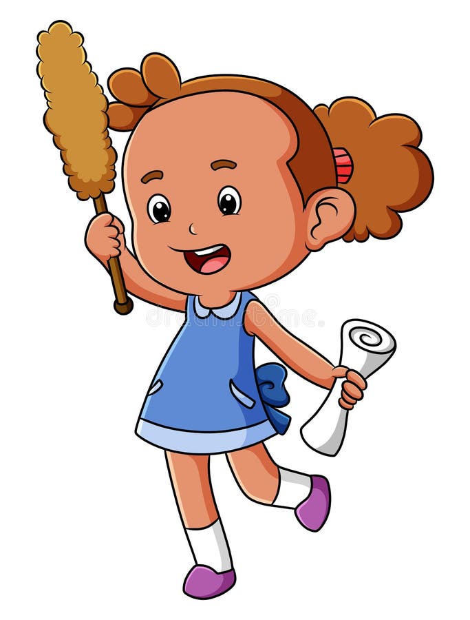 The Girl is Holding the Feather Duster and the Cloth for Clean ...