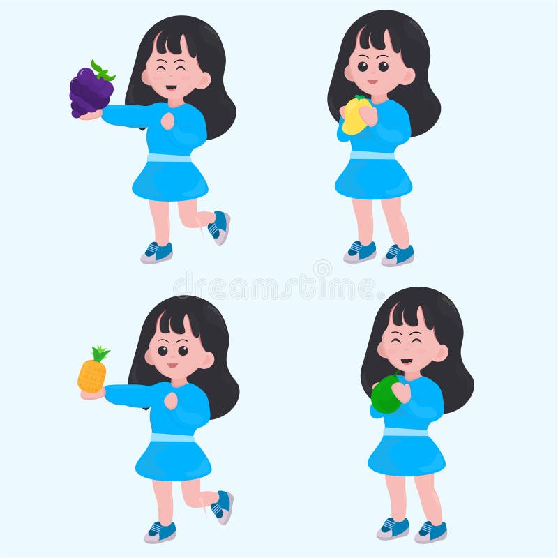 Girl Holding Fruits in Different Poses Stock Vector - Illustration of ...