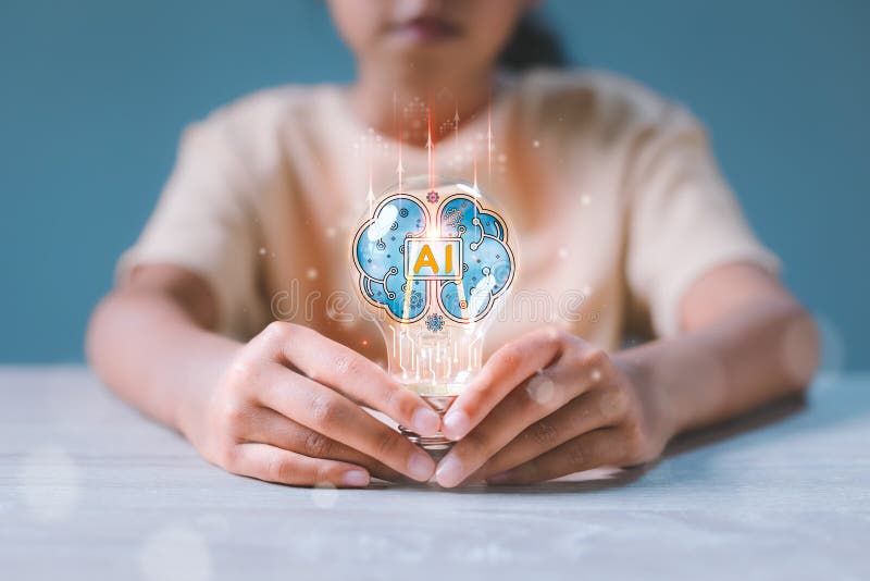 Girl Holding Light Bulb with Virtual Artificial Intelligence and ...