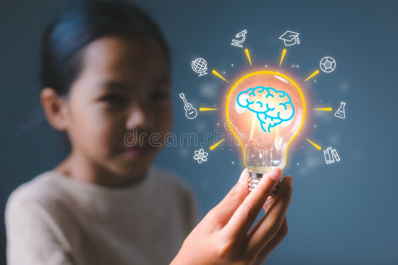 Girl Holding Light Bulb with Virtual Artificial Intelligence Machine ...