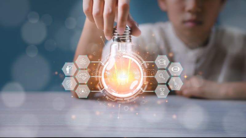 Girl Holding Light Bulb with Virtual Education Graduate Icon. E ...