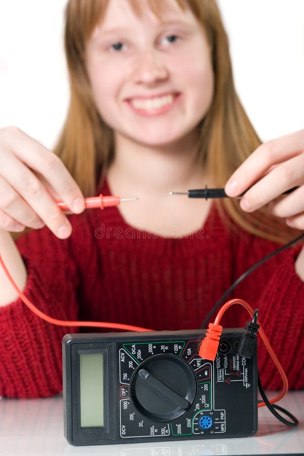 Girl Holding Multimeter Plugs Stock Photo - Image of girl, measure ...