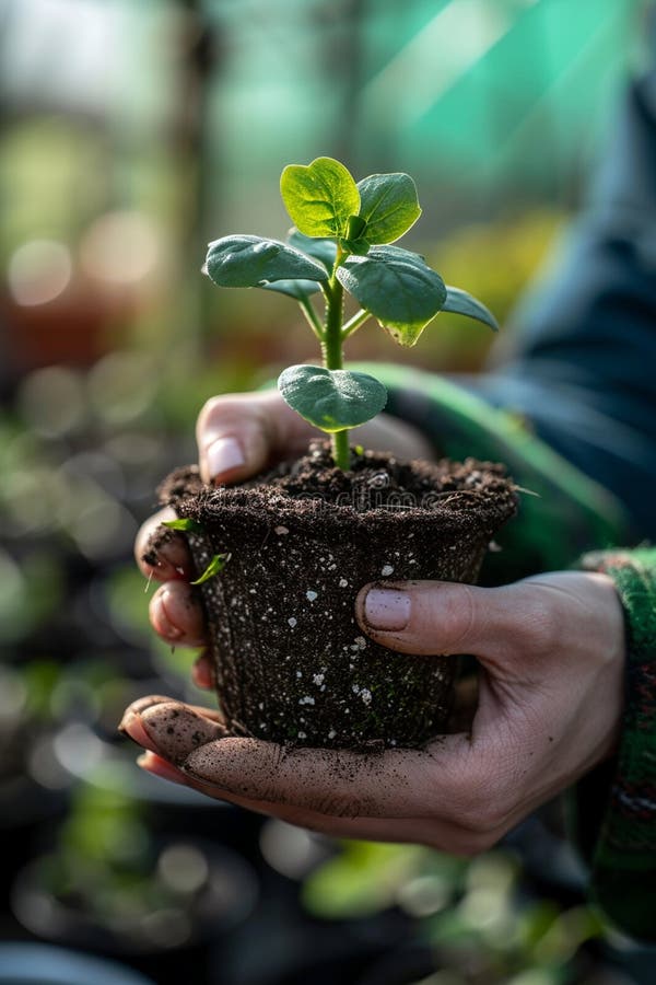 The Girl is Holding a Pot with a Seedling Close-up Stock Image - Image ...