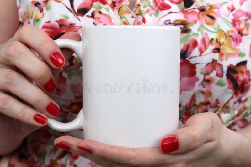 Girl is Holding White Cup in Hands. White Mug for Woman, Gift Stock ...