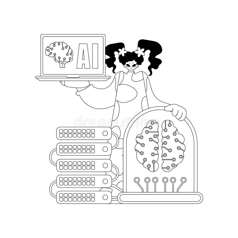 Girl Holds an AI Model in Her Hands, Artwork in Linear Style Stock ...