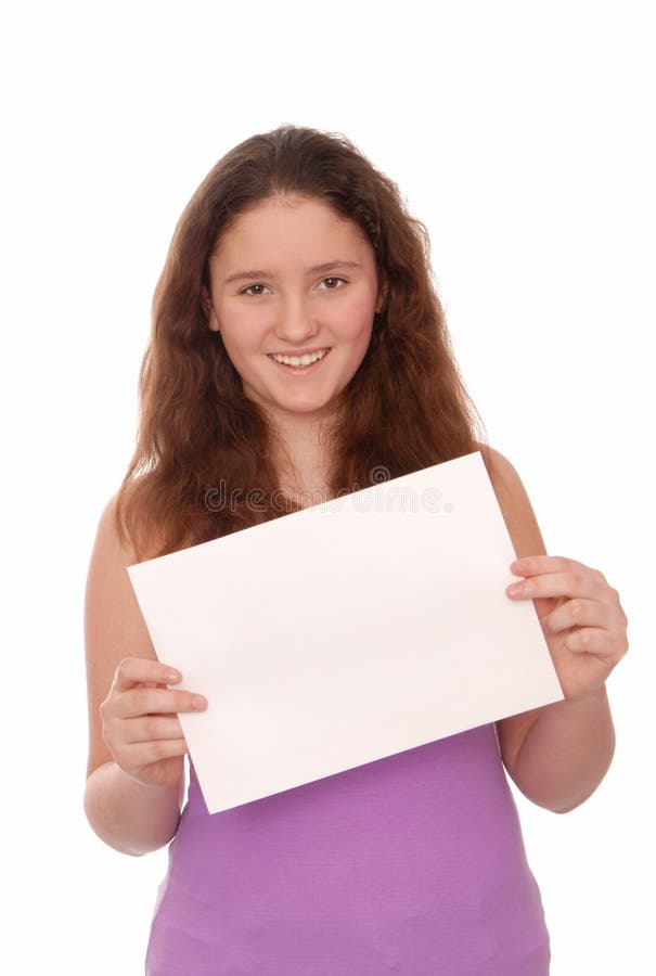 Girl Holds a Empty White Paper Stock Photo - Image of isolated ...