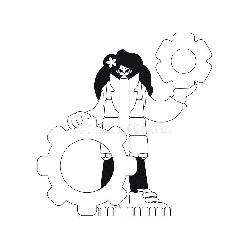 Girl Holds Gears in Hands. Linear Vector Illustration. Stock Vector ...