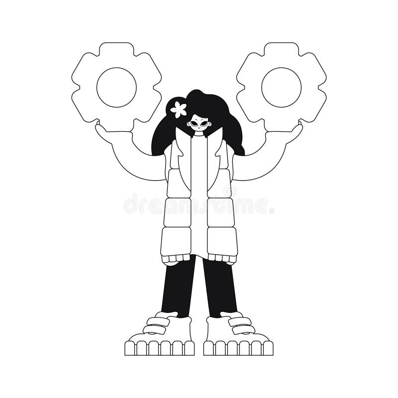 Girl Holds Gears in Her Hands Linear Vector Illustration. Stock Vector ...