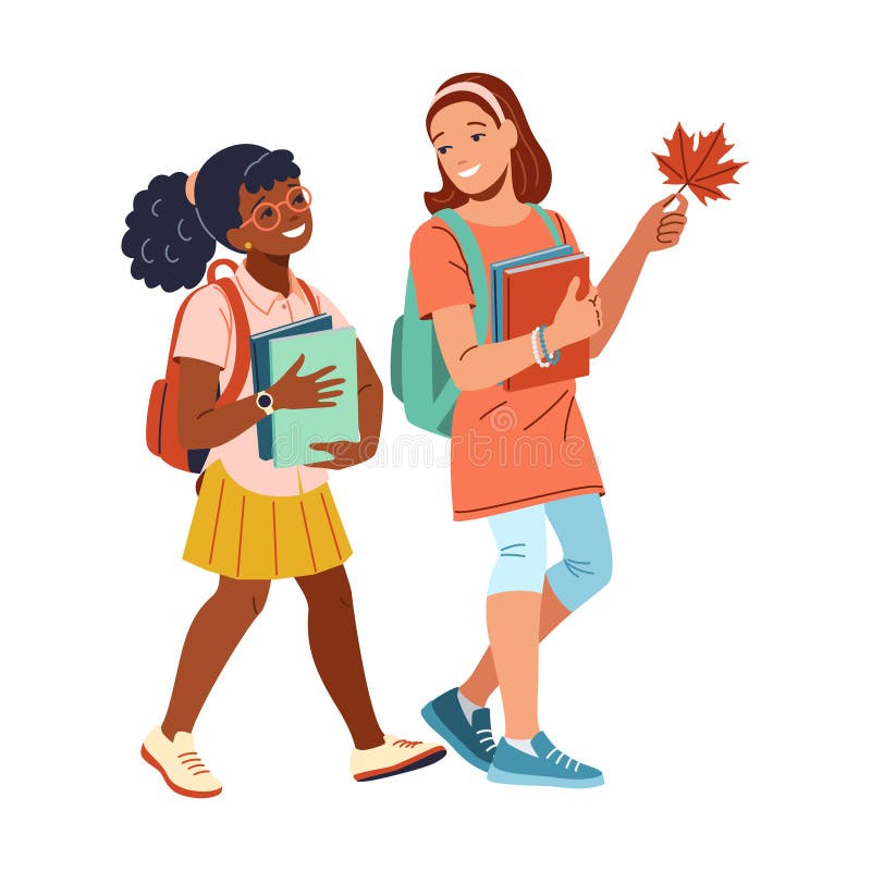 Girl Holds Leaf Walking with Friend Flat Vector Illustration Stock ... Girl Holds Leaf Walking with Friend Flat Vector Illustration Stock ...