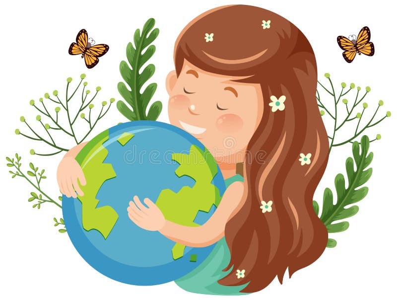 Girl Hugging Earth Globe with Nature Elements Stock Vector ...