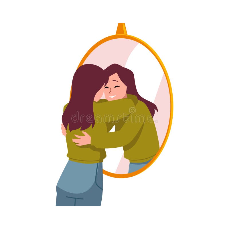 Girl Hugging the Reflection in Mirror Flat Style, Vector Illustration ...