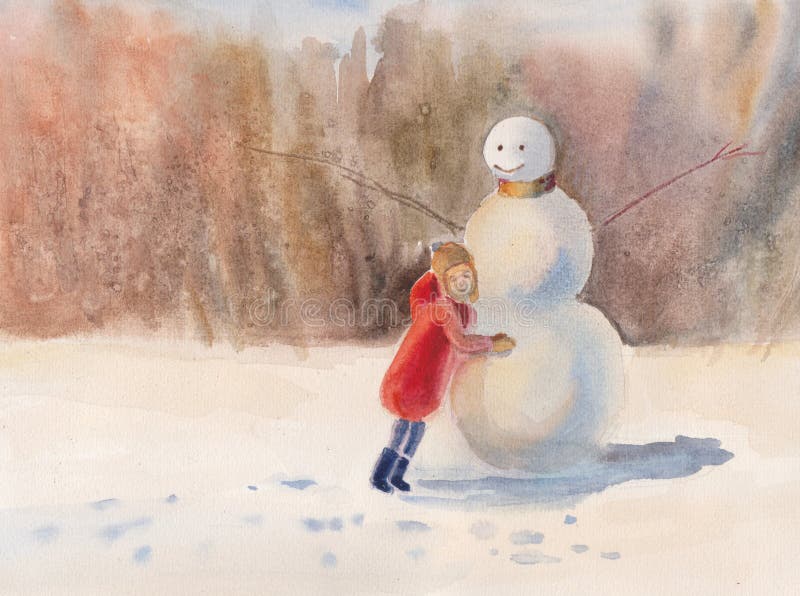 Girl hugging a snowman stock illustration. Illustration of aquarelle ...