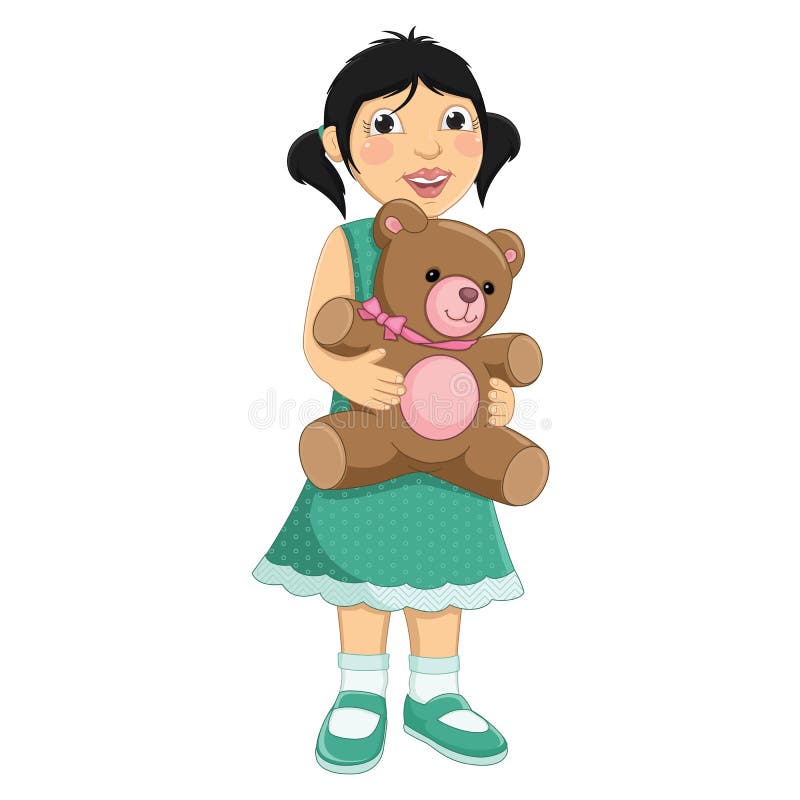 Happy Little Girl Hugging Teddy Bear Stock Vector - Illustration of ...