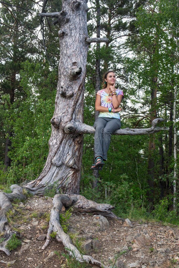 Girl is Hugging a Tree Trunk Stock Image - Image of childhood, nature ...