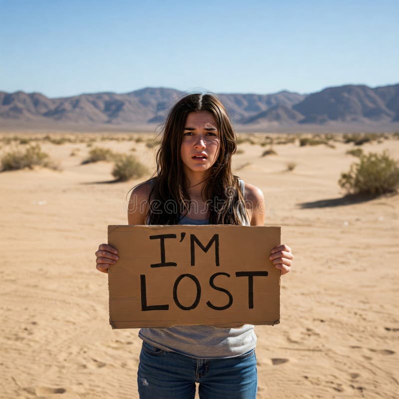 A Girl with an I M Lost Sign in the Desert. Stock Photo - Image of sand ...