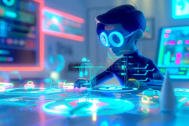 Girl Interactive Holograms and Advanced Learning Tools. Futuristic ...