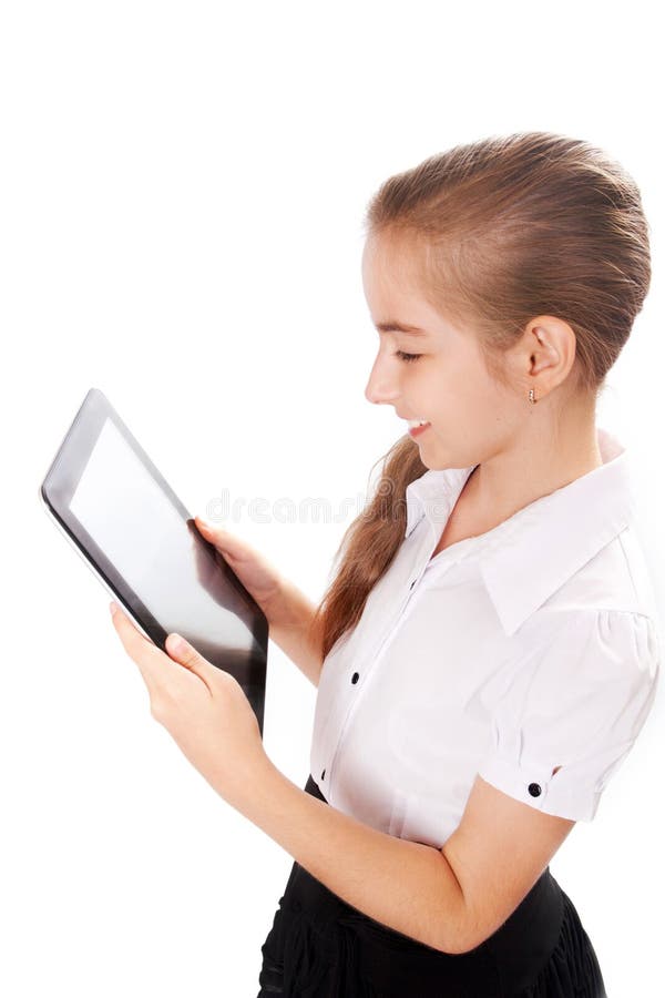 Girl with ipad like gadget stock image. Image of education - 29709407