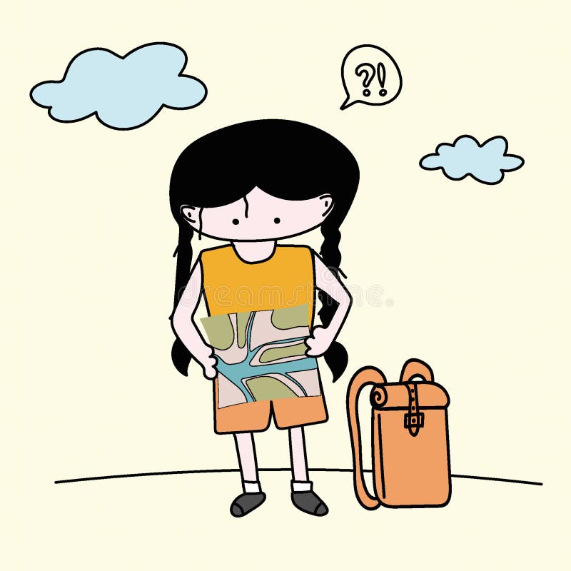Girl on a Journey is Looking for a Way on the Map. Stock Illustration ... Girl on a Journey is Looking for a Way on the Map. Stock Illustration ...