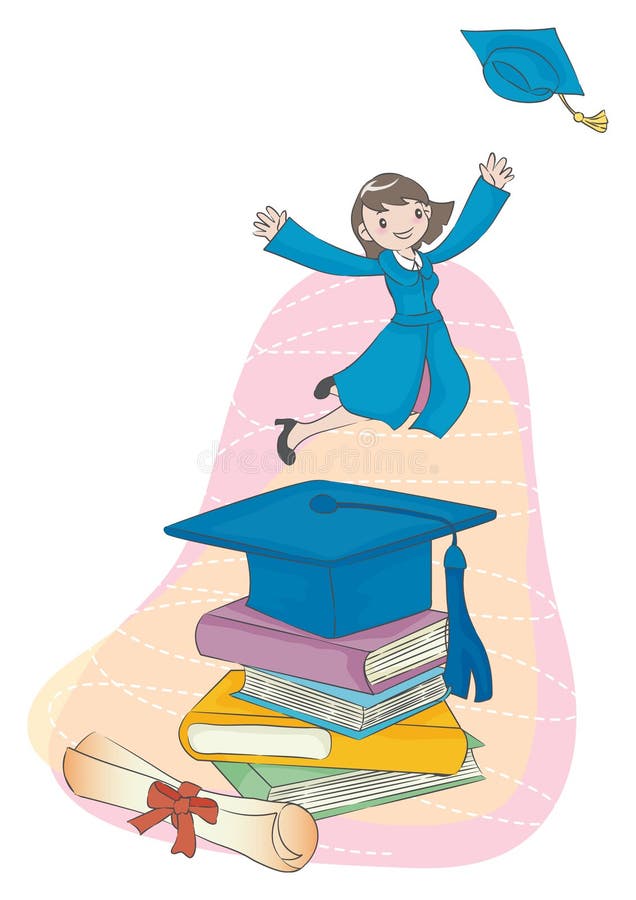 Girl Jumping Over Graduation Hat. Vector Illustration Decorative Design ...