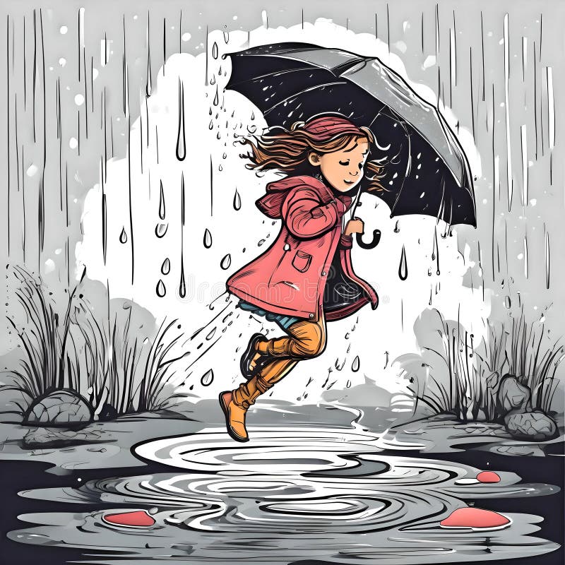A Girl Jumping in the Puddle Stock Illustration - Illustration of happy ...