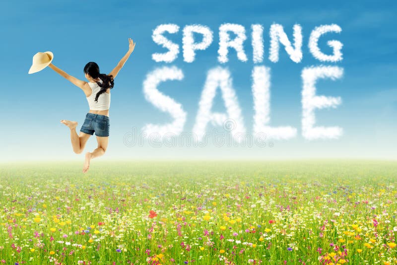 A Girl Jumping with Spring Sale Clouds Stock Photo - Image of outdoor ...