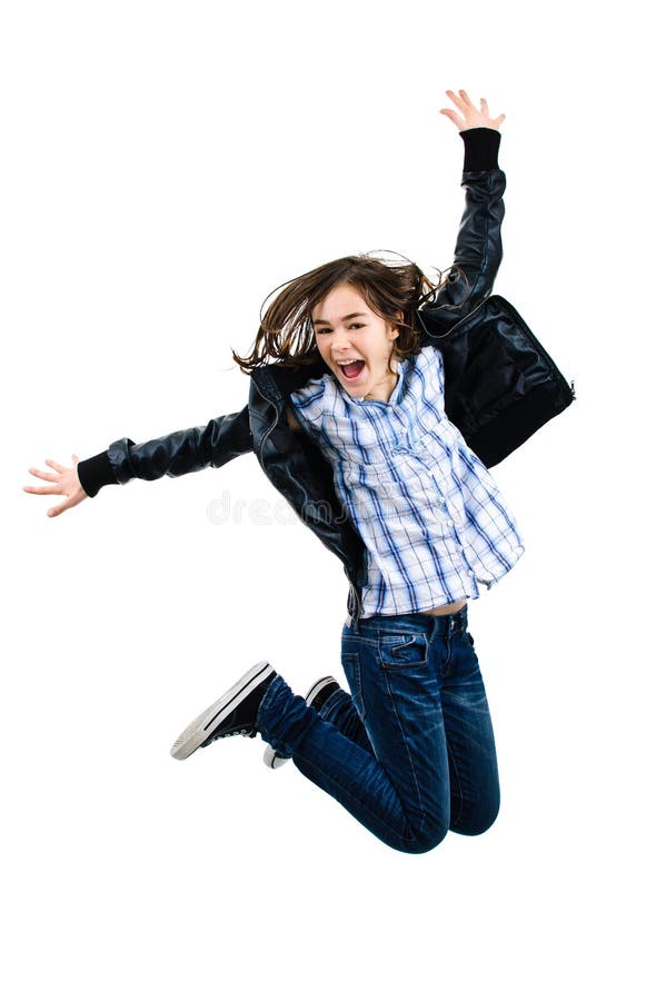 Girl Jumping on White Background Stock Photo - Image of copy, humor ...