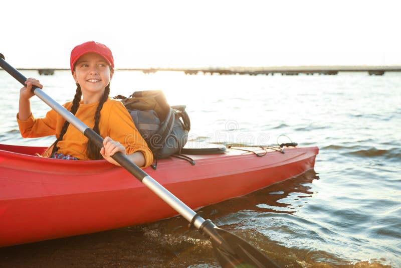 Happy Girl Kayaking on River. Summer Camp Activity Stock Image - Image ...