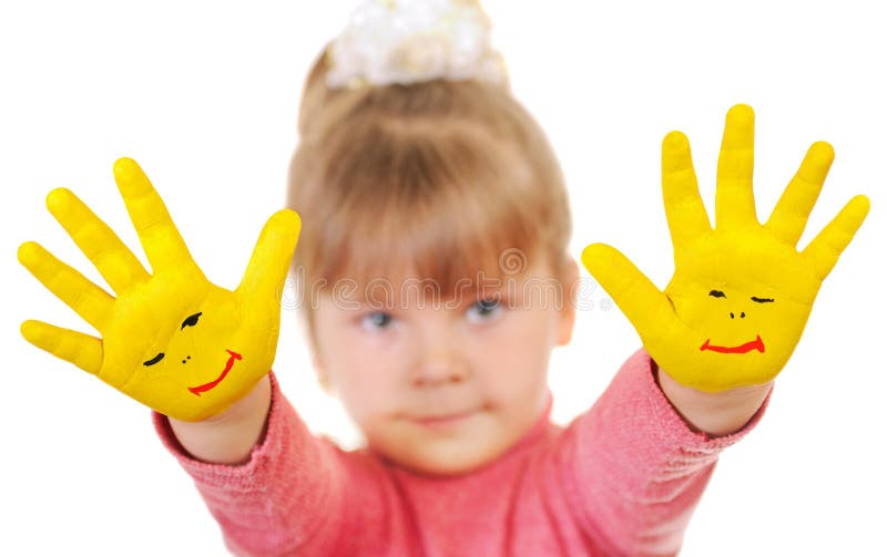 Girl Keeps Hands Which are Painted in Yellow Color Stock Image - Image ...